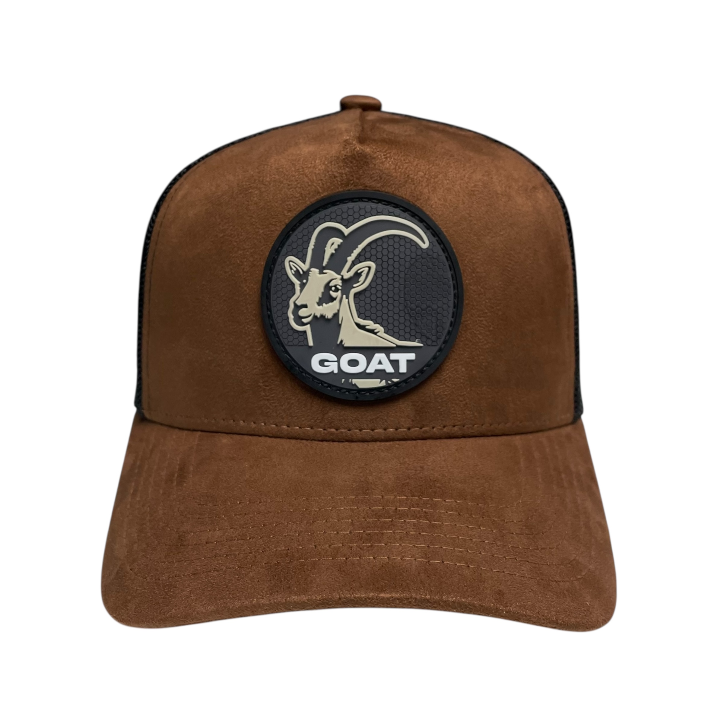 GOAT 3D PVC Patch Suede Snapback Hat, Brown, Mesh Back, Curved Brim ...